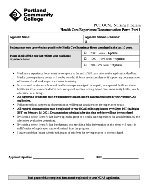 Fillable Online PCC OCNE Nursing Program Health Care Experience ...