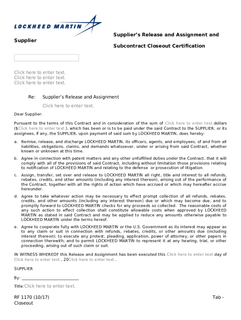 SUPPLIER SUBCONTRACT CLOSEOUT - Lockheed Martin Doc Template | pdfFiller
