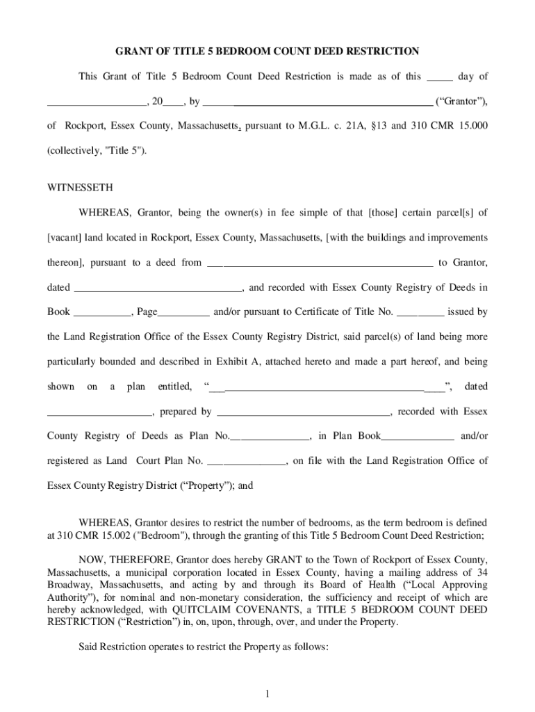 Fillable Online GRANT OF TITLE 5 BEDROOM COUNT DEED RESTRICTION This Grant of ... Fax Email ...