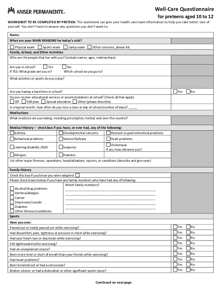 Fillable Online Well-Visit Questionnaire: Teens Ages 13 to 17 Kaiser ...