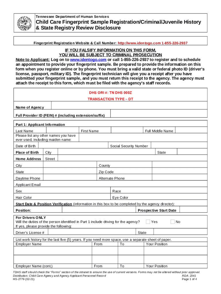 Tennessee Child Care Fingerprint Registration Form - Blank Fillable ...