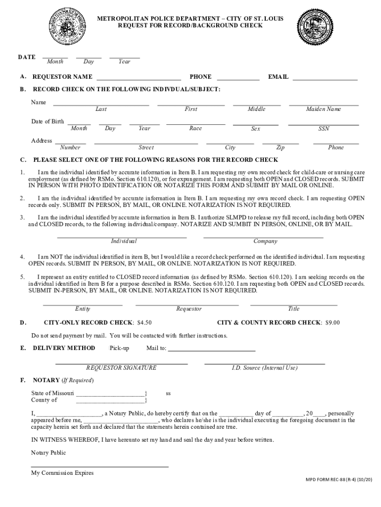 Fillable Online REQUEST FOR RECORD/BACKGROUND CHECK Fax Email Print ...