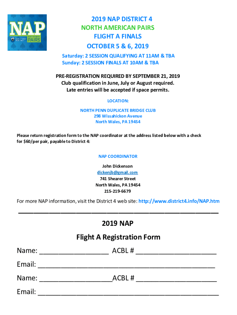 Fillable Online web2 acbl 2019 NAP DISTRICT 4 NORTH AMERICAN PAIRS ...