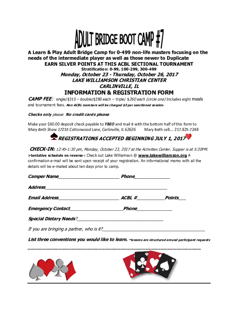 Fillable Online web2 acbl A Learn & Play Adult Bridge Camp for 0-499 non-life masters ... Fax ...