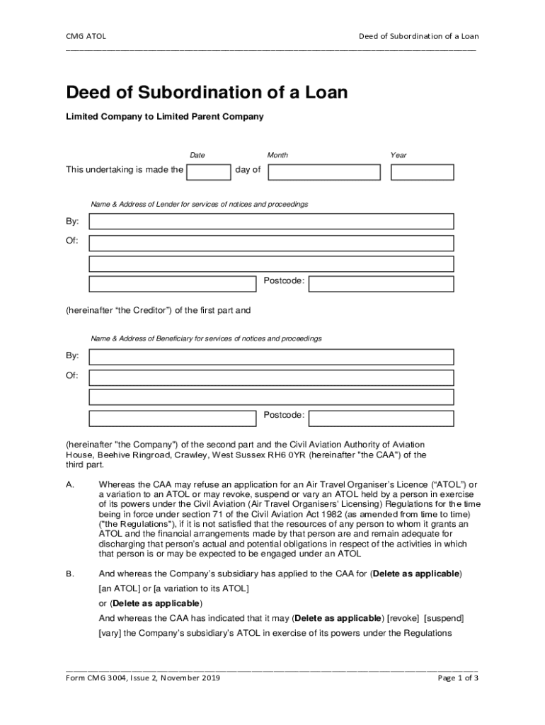 Fillable Online CPG ATOL Form 3004. Deed of Subordination of a Loan ...