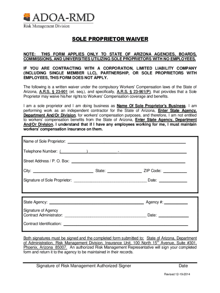 Fillable Online Sole Proprietor Waiver - Arizona Department of ...