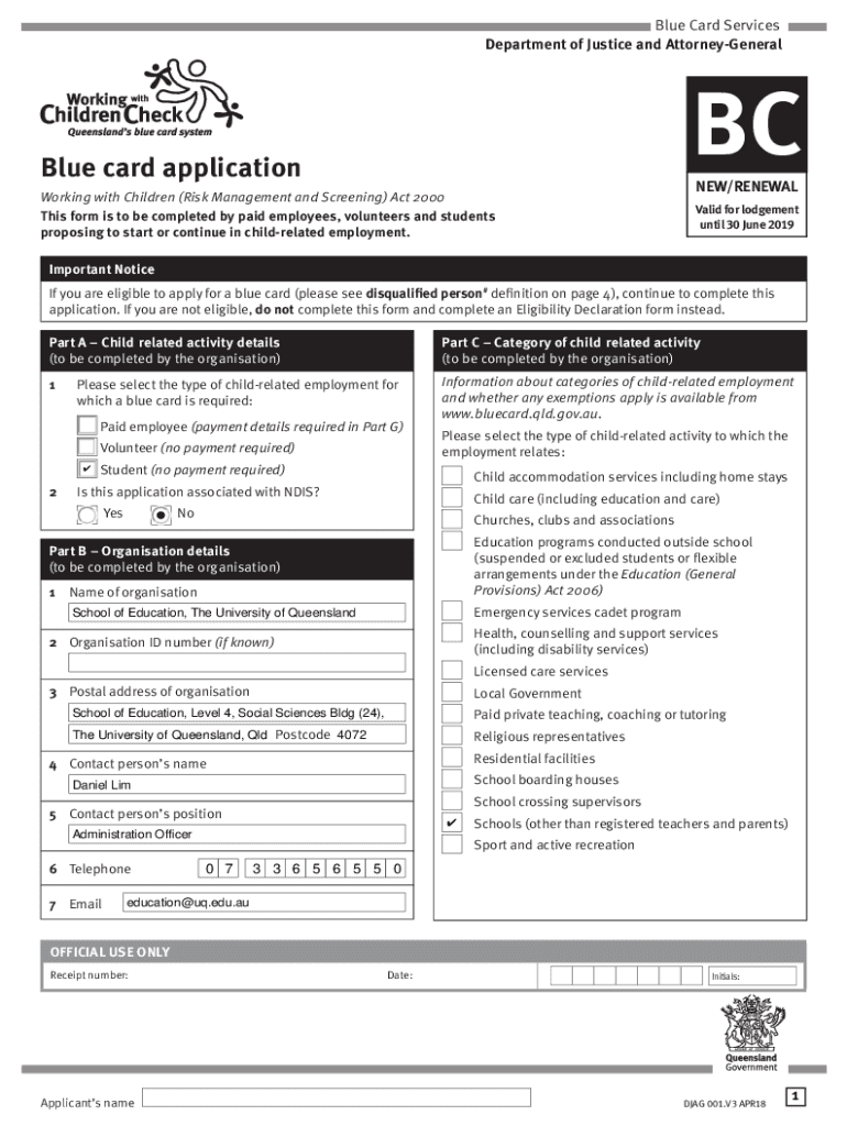 Fillable Online education uq edu Combined disability worker screening and blue card application ...