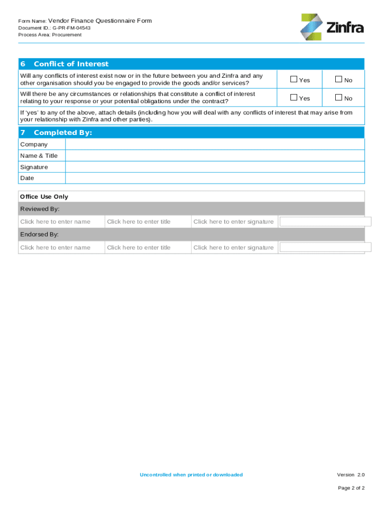 Vendor Finance Questionnaire Doc Template | pdfFiller