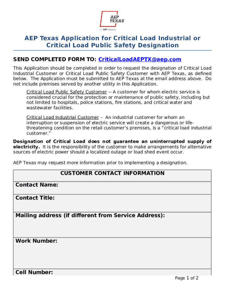AEP Texas Application for Critical Load Industrial or Doc Template ...