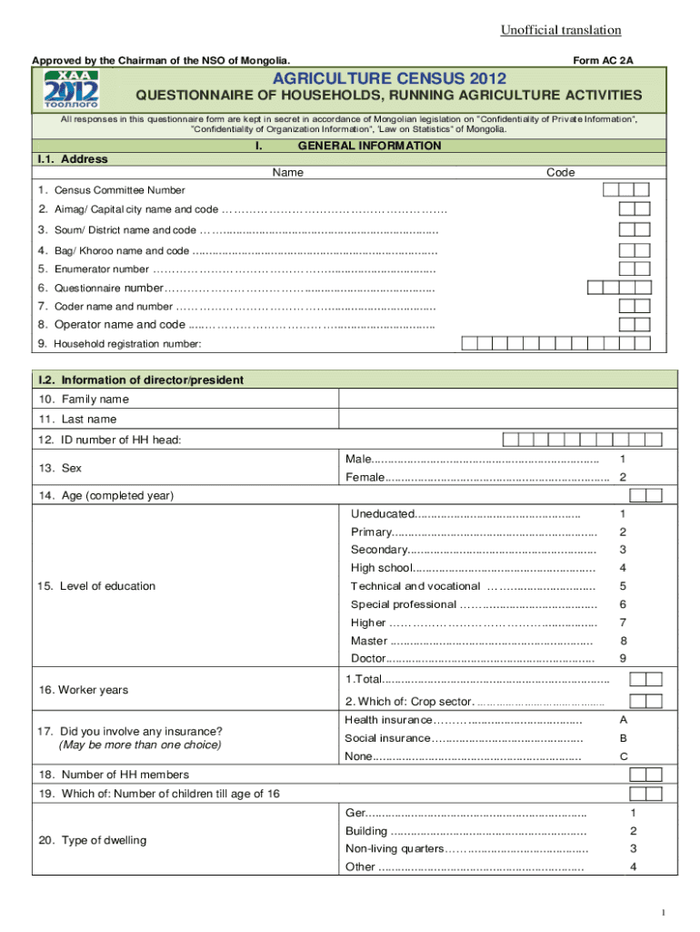 Fillable Online Approved by the Chairman of the NSO of Mongolia. Form ...