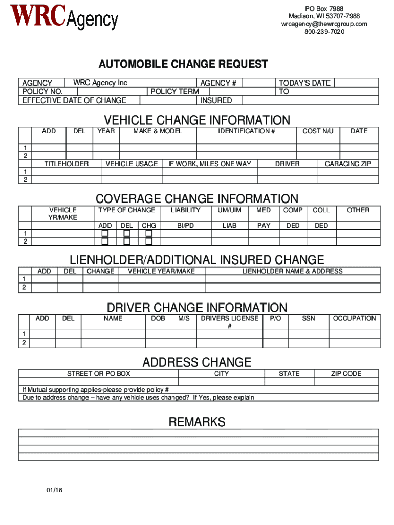 Fillable Online AUTOMOBILE CHANGE REQUEST Fax Email Print - pdfFiller