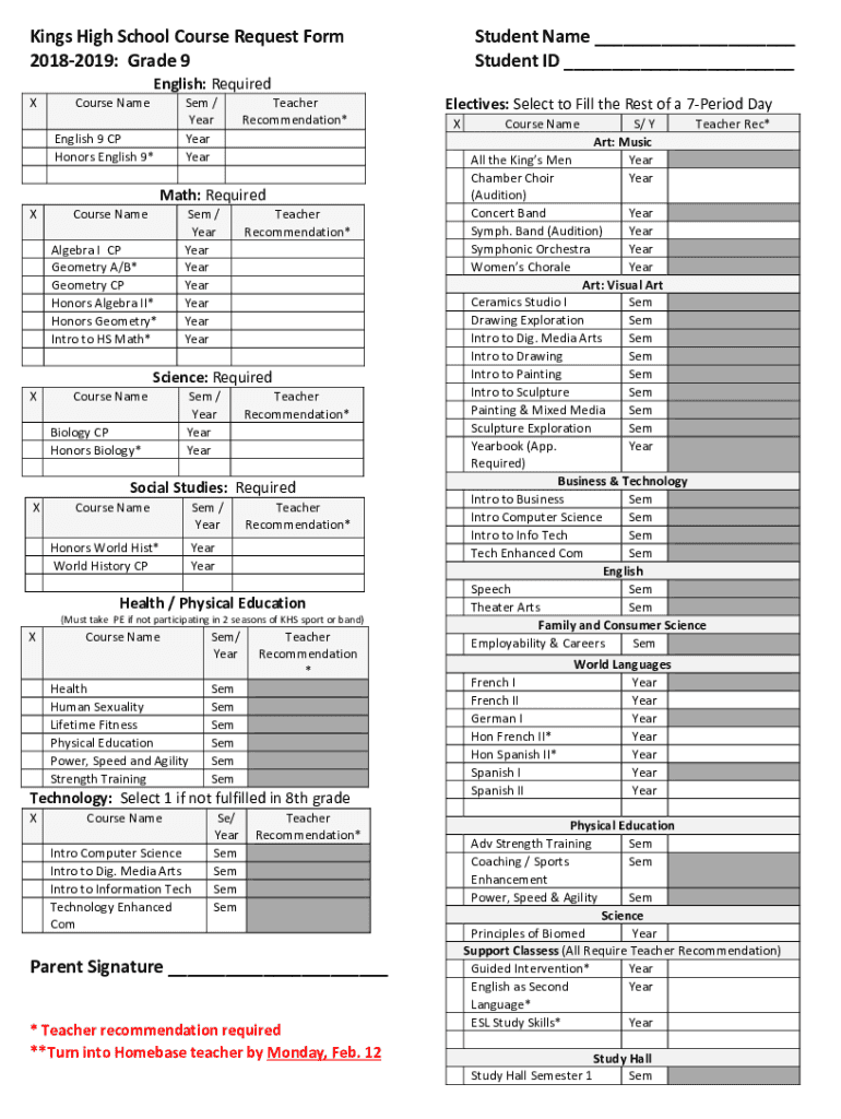 Fillable Online Kings High School Course Request Form Fax Email Print ...