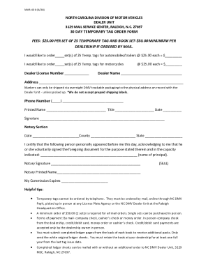 Fillable Online 30 DAY TEMPORARY TAG ORDER FORM FEES: $25.00 PER SET ...