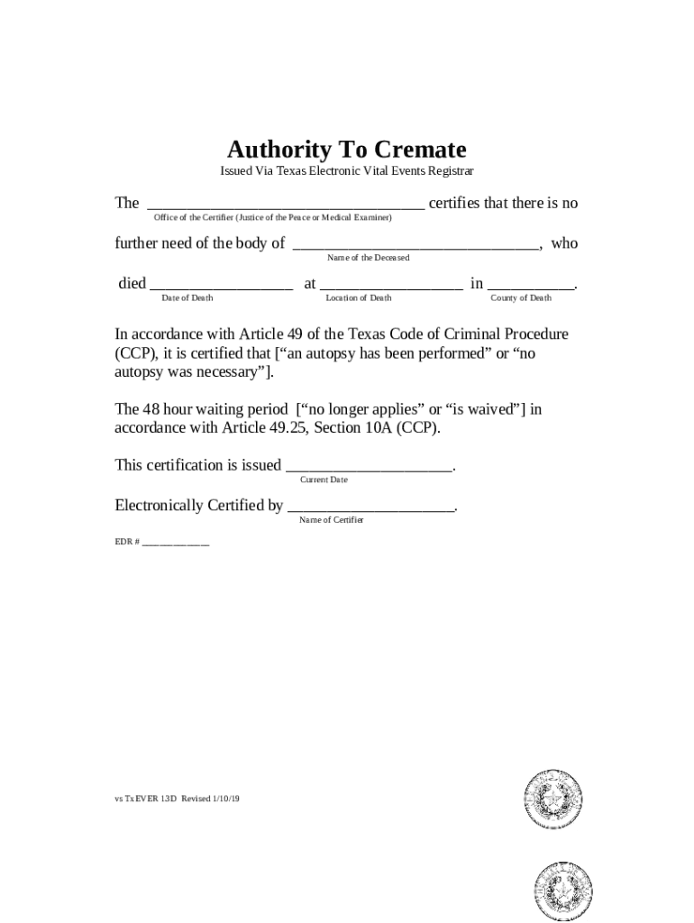 Texas Medical BoardAUTHORIZATION FOR CREMATION AND DISPOSITIONTexas ...