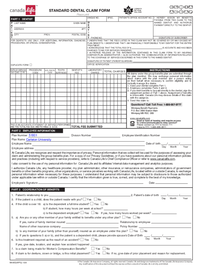 Fillable Online STANDARD DENTAL CLAIM FORM - Canada Life Fax Email ...
