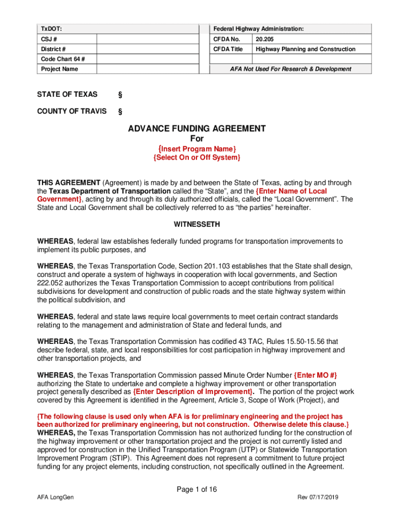 Fillable Online ftp txdot ADVANCE FUNDING AGREEMENT. ADVANCE FUNDING ...