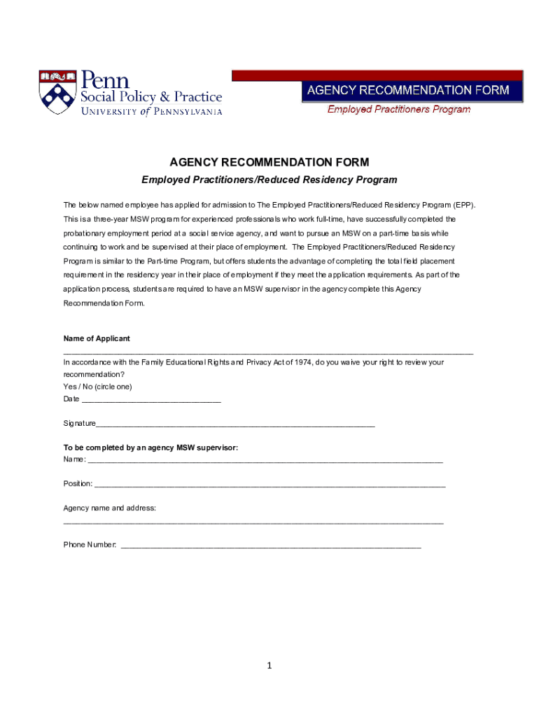 Fillable Online Employed Practitioners Program Agency Recommendation ...