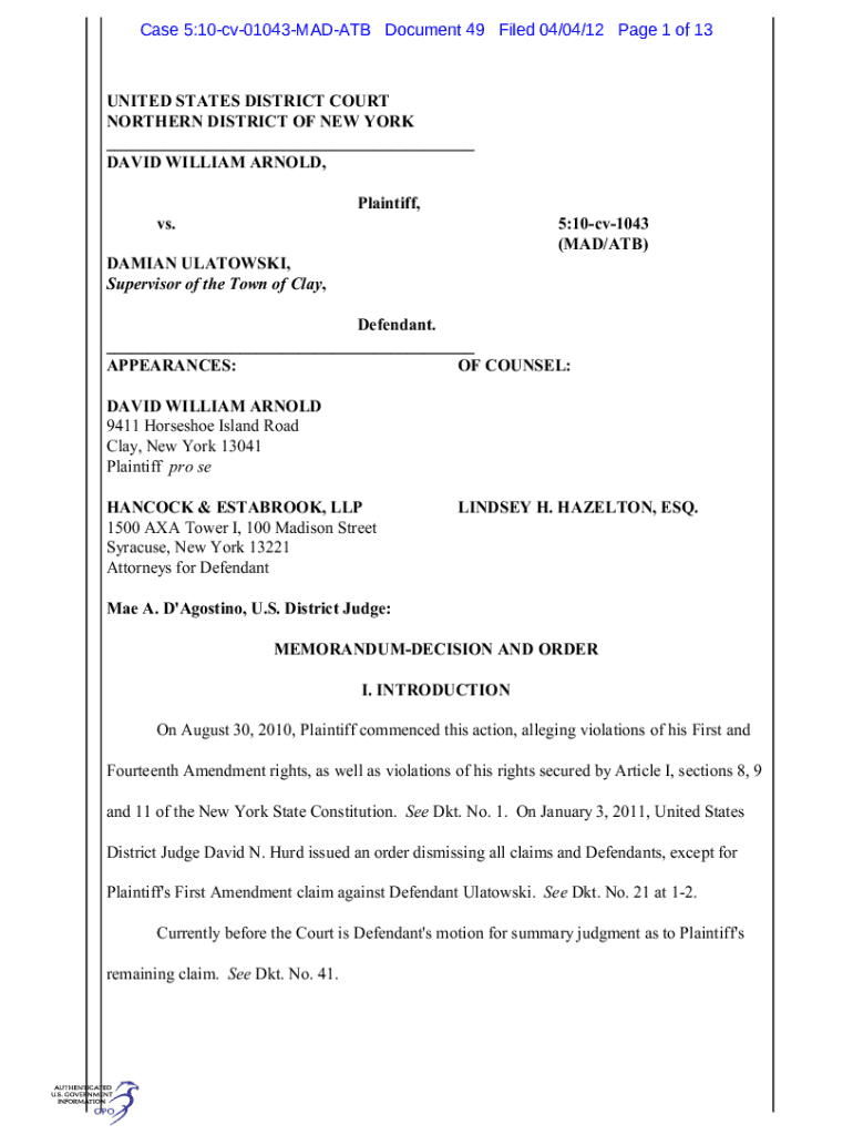 Fillable Online Case 5:10-cv-01043-MAD-ATB Document 49 Filed 04/04/12 ...