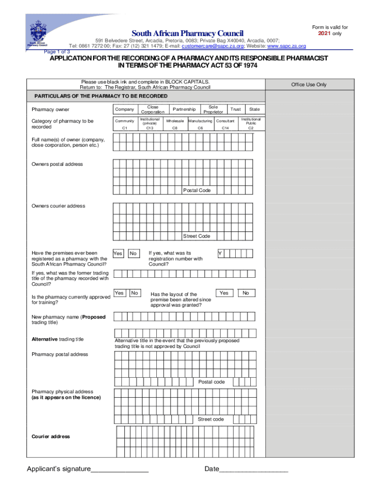 Fillable Online pharmcouncil co APPLICATION FOR THE RECORDING OF A ...