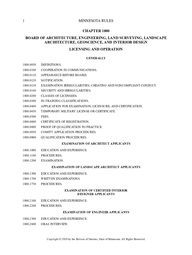 Fillable Online 1 MINNESOTA RULES CHAPTER 1800 BOARD OF ARCHITECTURE ...