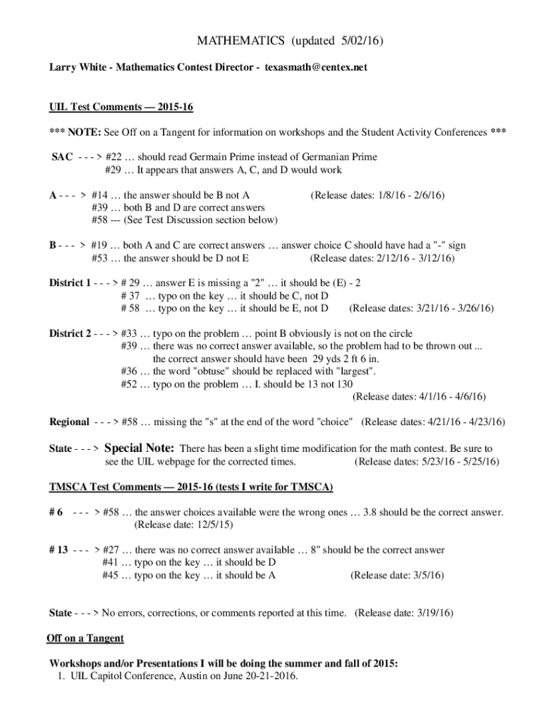 Fillable Online 2015-2016 Mathematics Test Corrections and Comments.doc ...