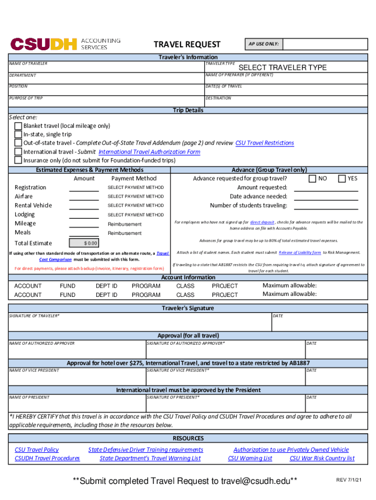 Fillable Online CSUDH Travel Request Form Fax Email Print - pdfFiller