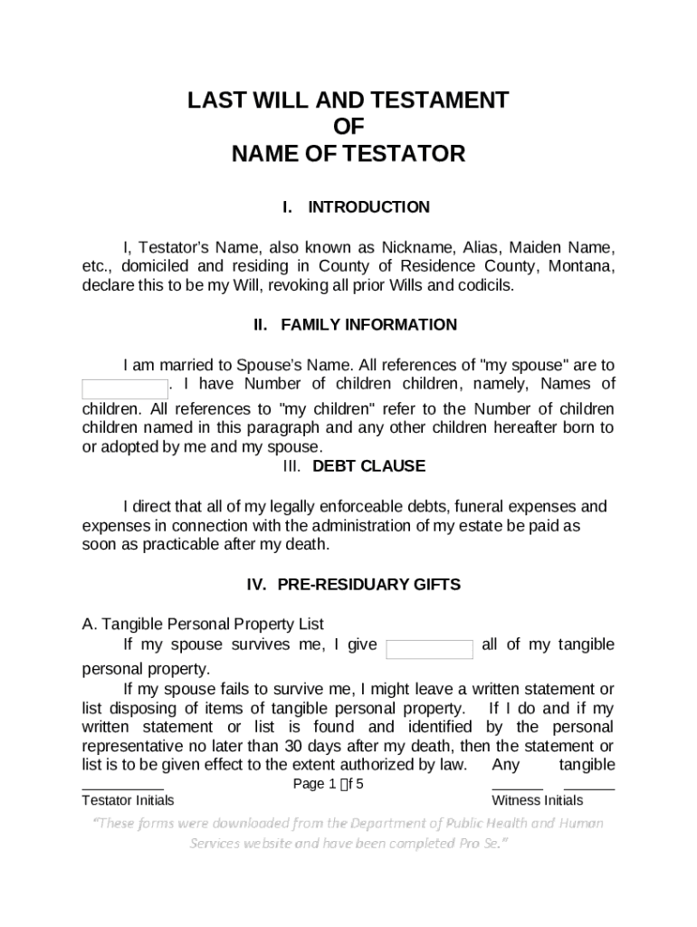 LAST WILL AND TESTAMENT OF NAME OF TESTATOR - dphhs mt Doc Template ...
