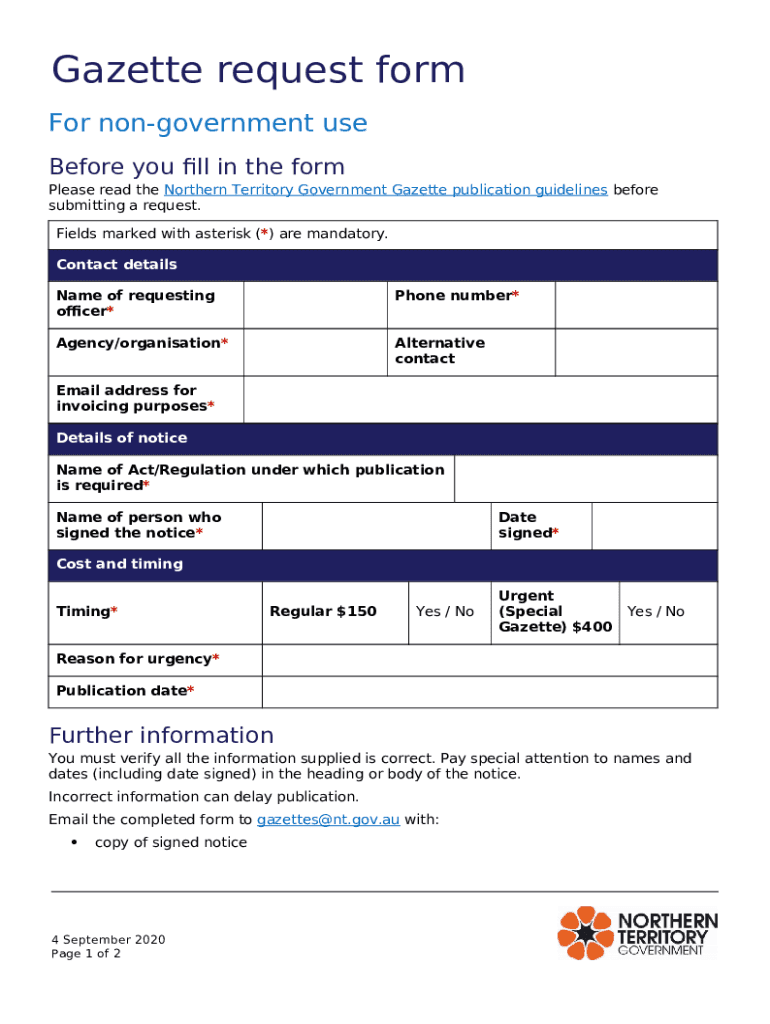 Gazette request - nt gov Doc Template | pdfFiller