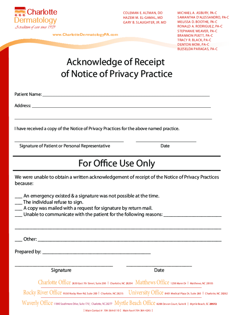 Fillable Online Acknowledge of Receipt of Notice of Privacy Practice ...