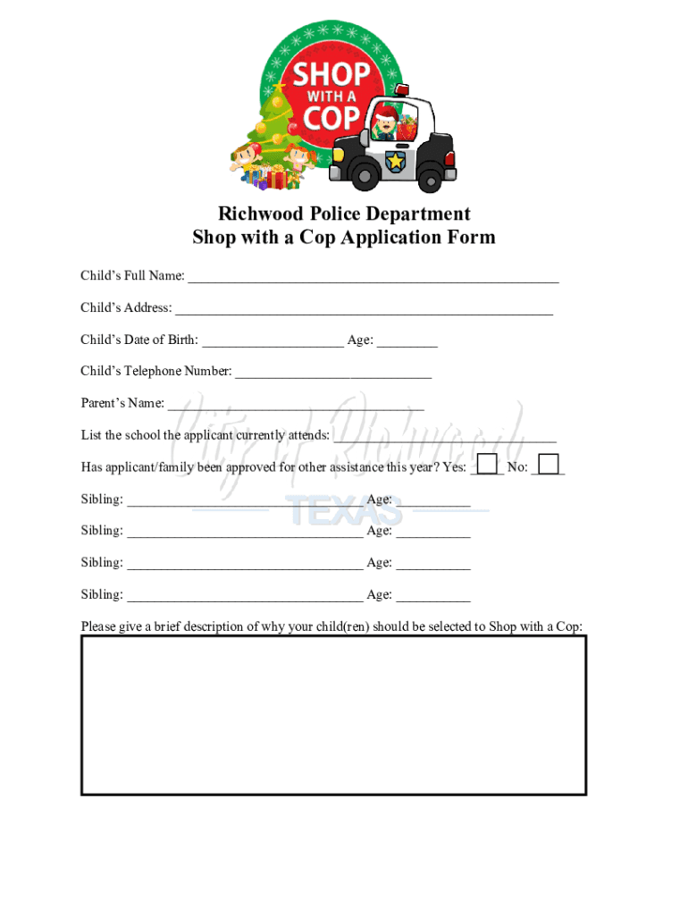 Fillable Online Richwood Police Department Shop with a Cop Application ...