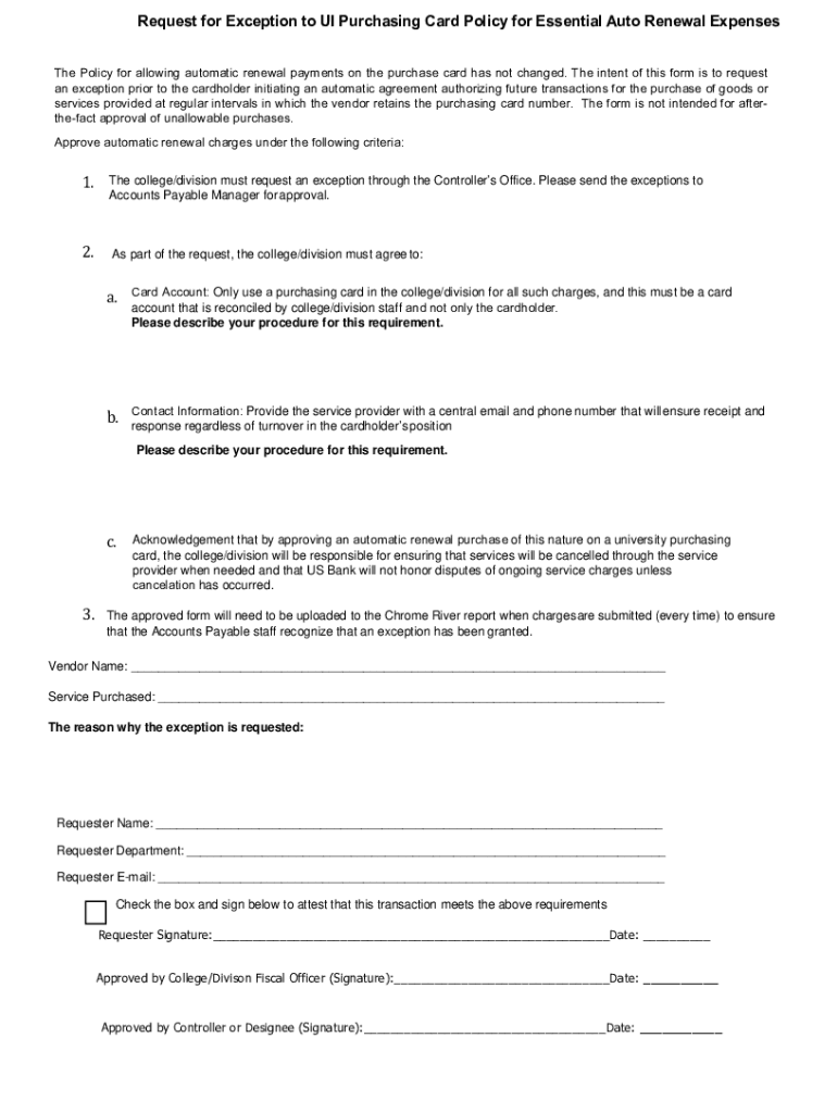 Fillable Online Request for Exception to UI Purchasing Card Policy for ...