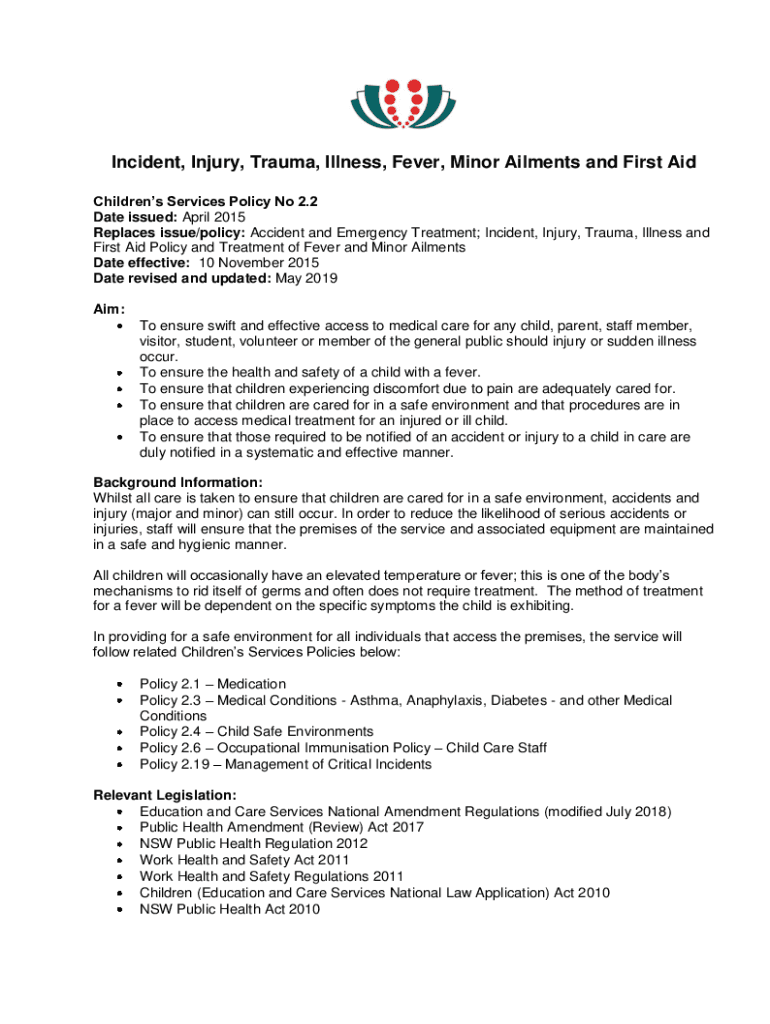 Fillable Online Incident, Injury, Trauma, Illness, Fever, Minor Ailments and First Aid Fax Email ...