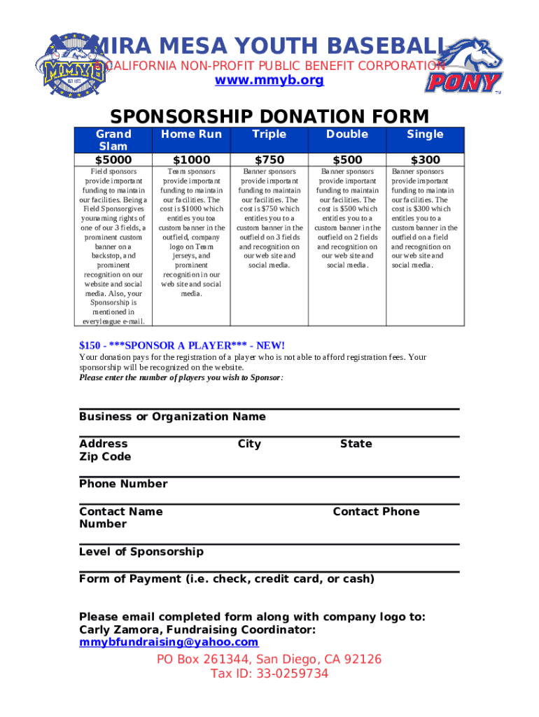MIRA MESA YOUTH BASEBALL 2014 SPONSORSHIP DONATION Doc Template | pdfFiller