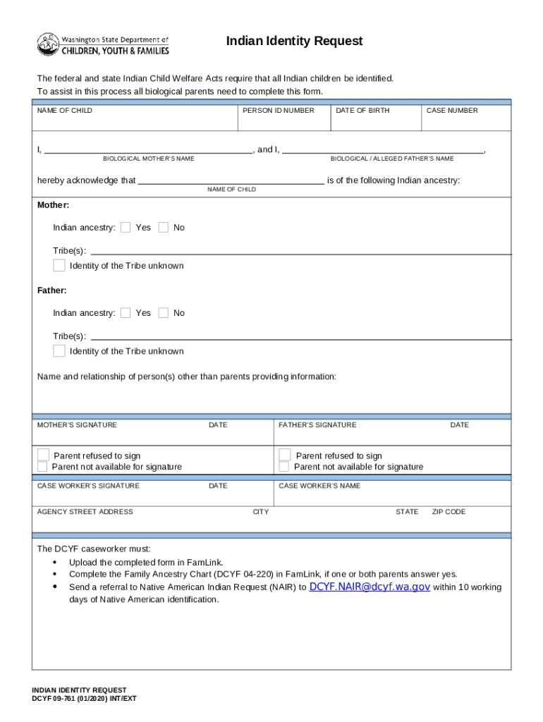 Indian Identity Request - Wa Doc Template | pdfFiller
