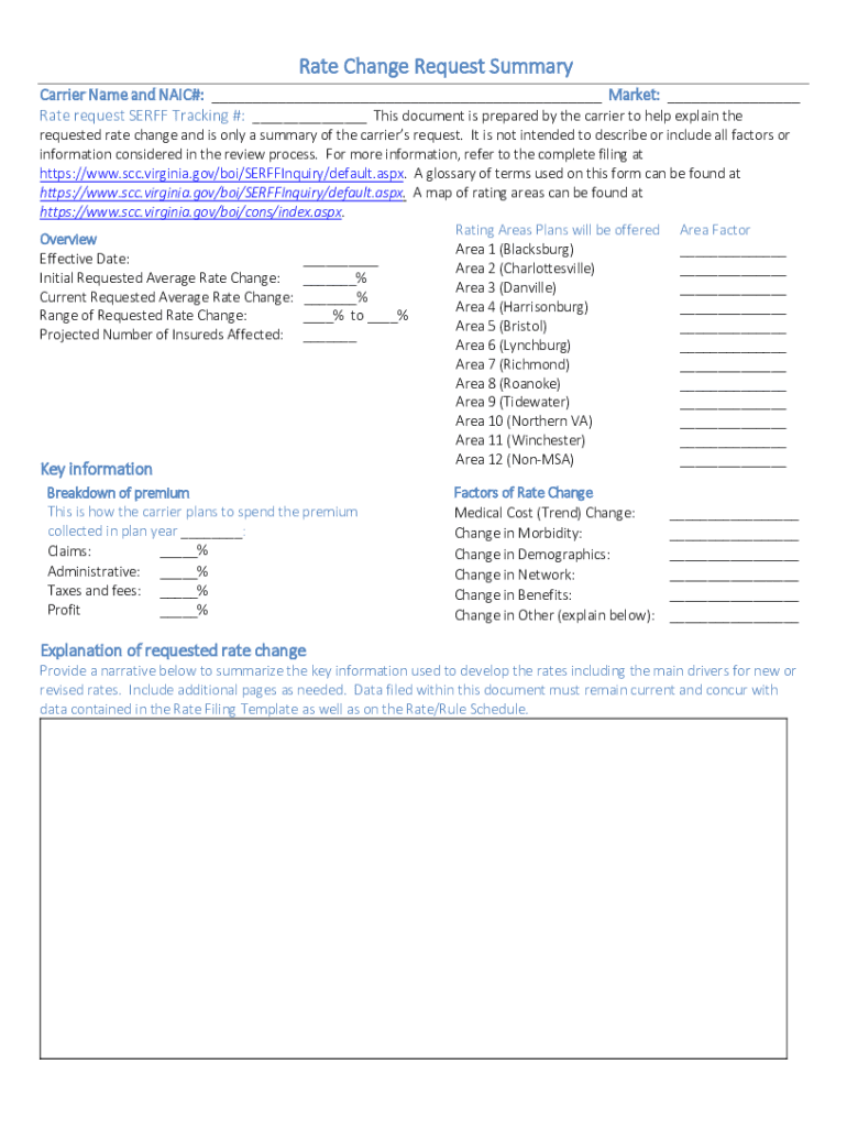 Fillable Online scc virginia Rate Change Request Summary Fax Email ...