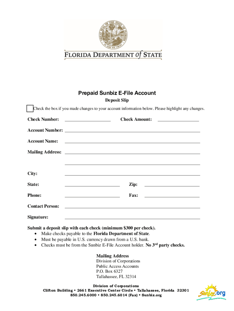 Fillable Online Florida Prepaid Sunbiz E-File Account - Deposit Slip ...