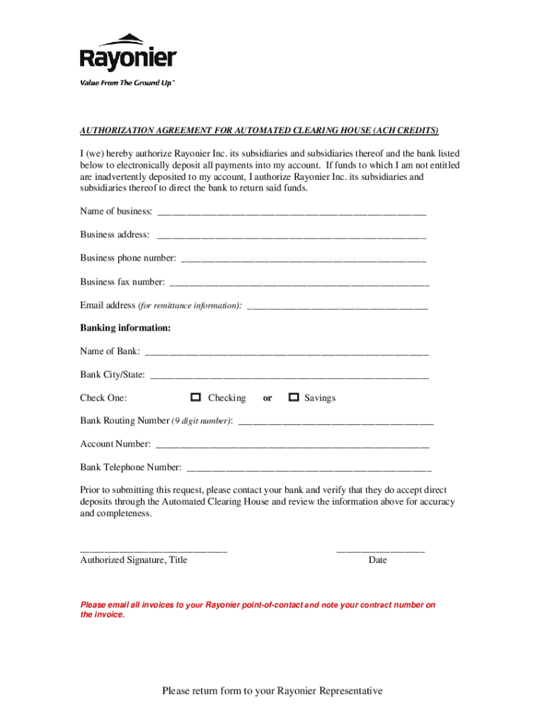 Fillable Online Automated Clearing House Debit Authorization Agreement ...
