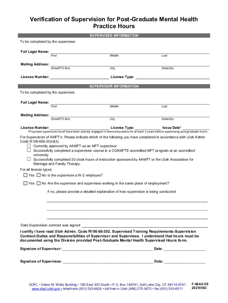 Fillable Online dopl utah Verification of Supervision for Post-Graduate Mental Health Fax Email ...
