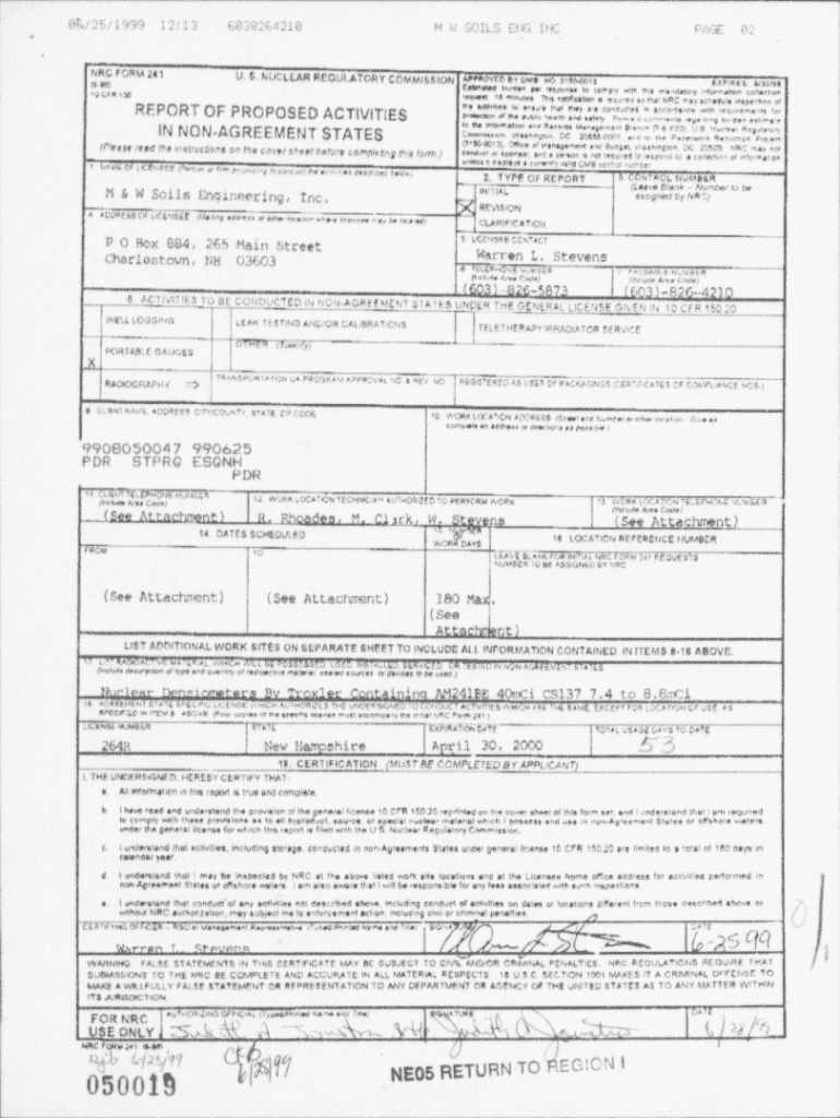 Fillable Online Revised NRC Form 241, "Rept of Proposed Activities in ...