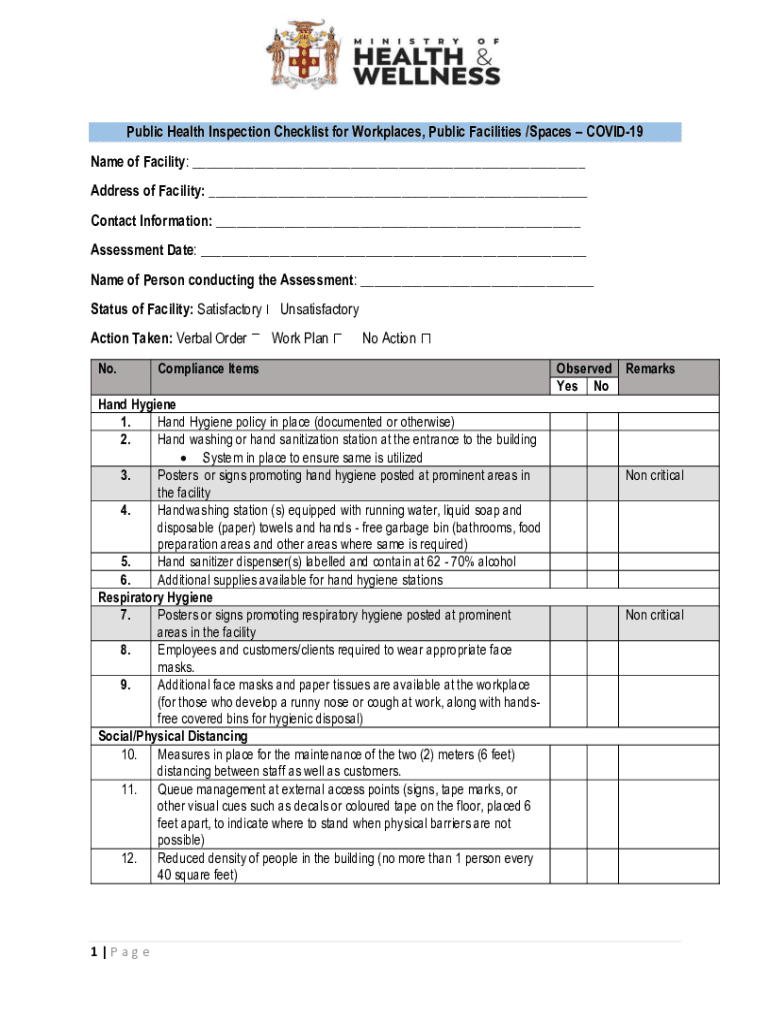 Fillable Online Public Health Inspection Checklist for Workplaces ...