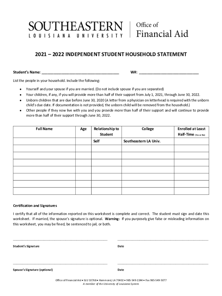 Fillable Online 2021 2022 INDEPENDENT STUDENT HOUSEHOLD STATEMENT Fax ...