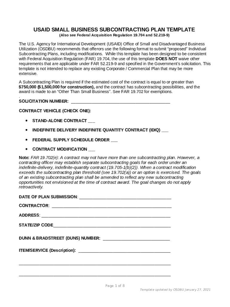 USAID SMALL BUSINESS SUBCONTRACTING PLAN TEMPLATE Doc Template | pdfFiller