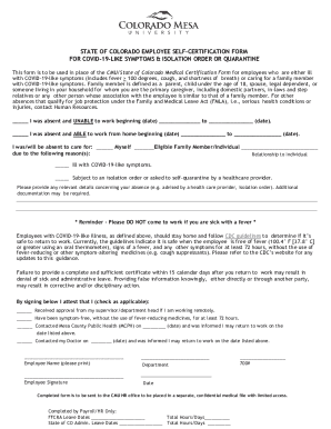 Fillable Online STATE OF COLORADO EMPLOYEE SELF-CERTIFICATION FORM Fax ...