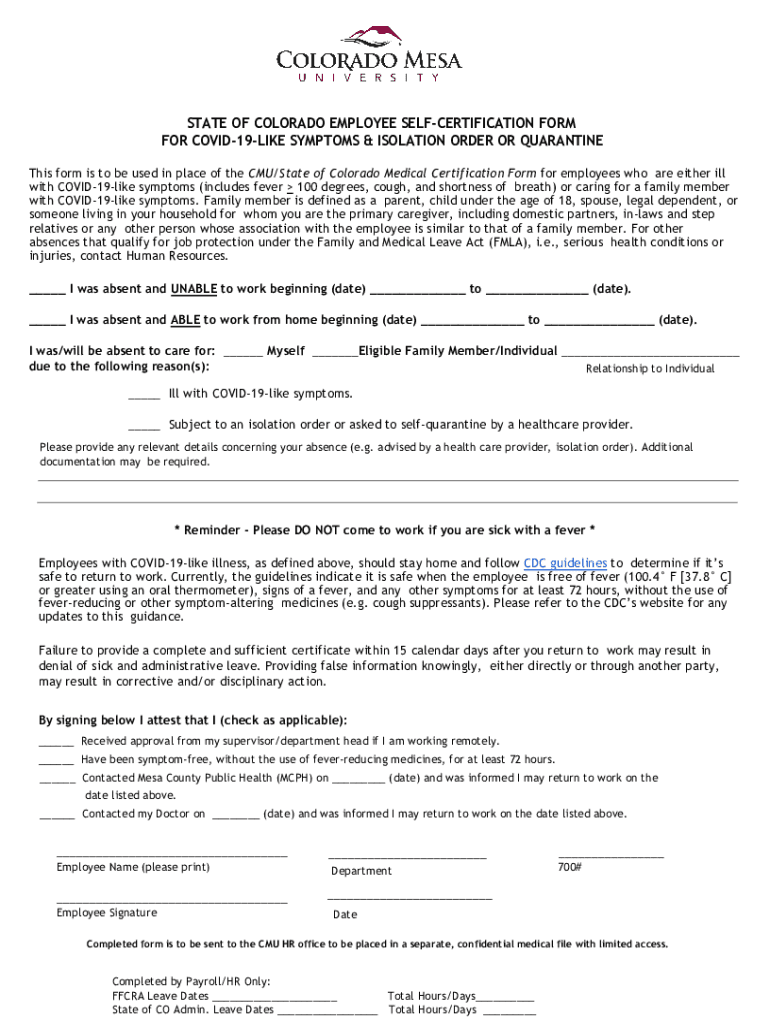 Fillable Online STATE OF COLORADO EMPLOYEE SELF-CERTIFICATION FORM Fax ...