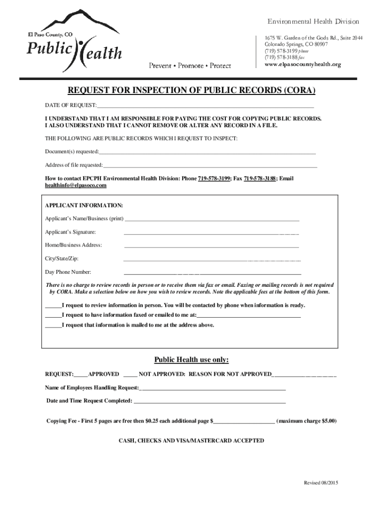 Fillable Online REQUEST FOR INSPECTION OF PUBLIC RECORDS (CORA) Fax ...