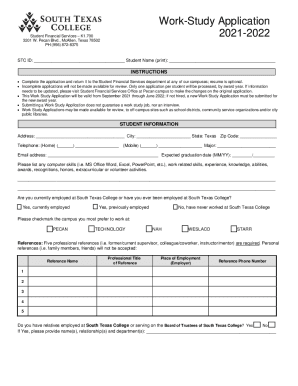 Fillable Online studentservices southtexascollege Work Study Application 2122 Fax Email Print ...