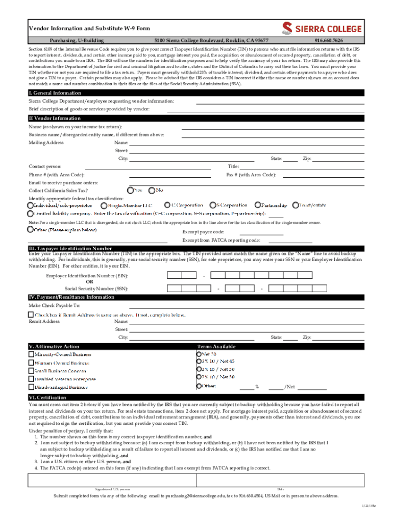 Fillable Online VENDOR INFORMATION FORM (Substitute W-9 Form) Fax Email Print - pdfFiller