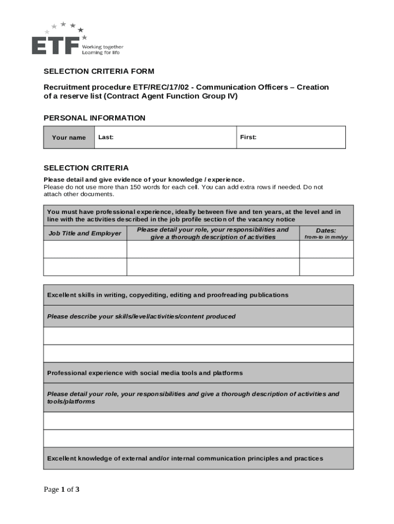 Selection Criteria ETF-REC-11-08 Doc Template | pdfFiller