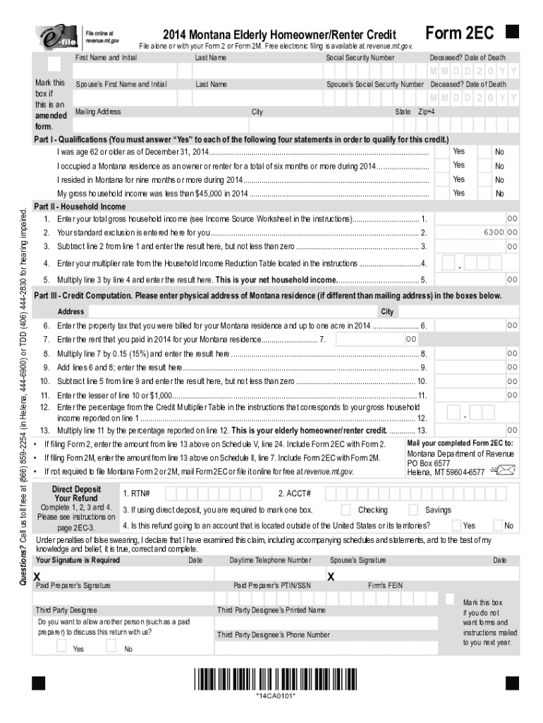 Fillable Online 2EC. Montana Elderly Homeowner/Renter Credit Fax Email ...