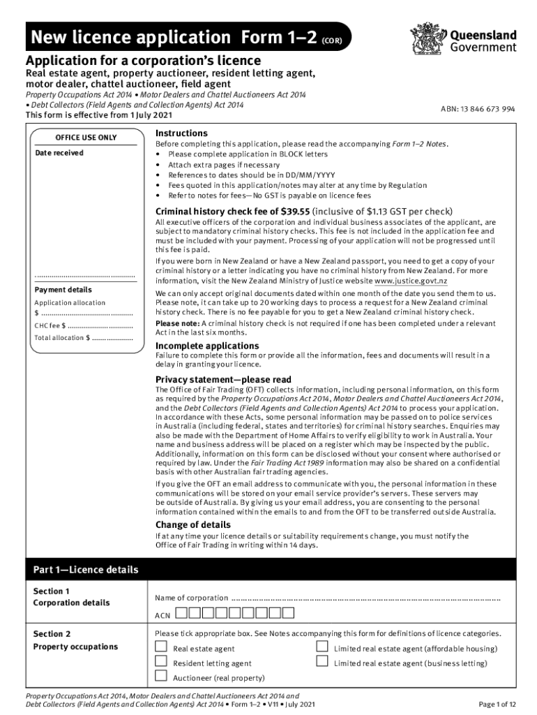 Fillable Online "New licence application Form 12, Application for a ...